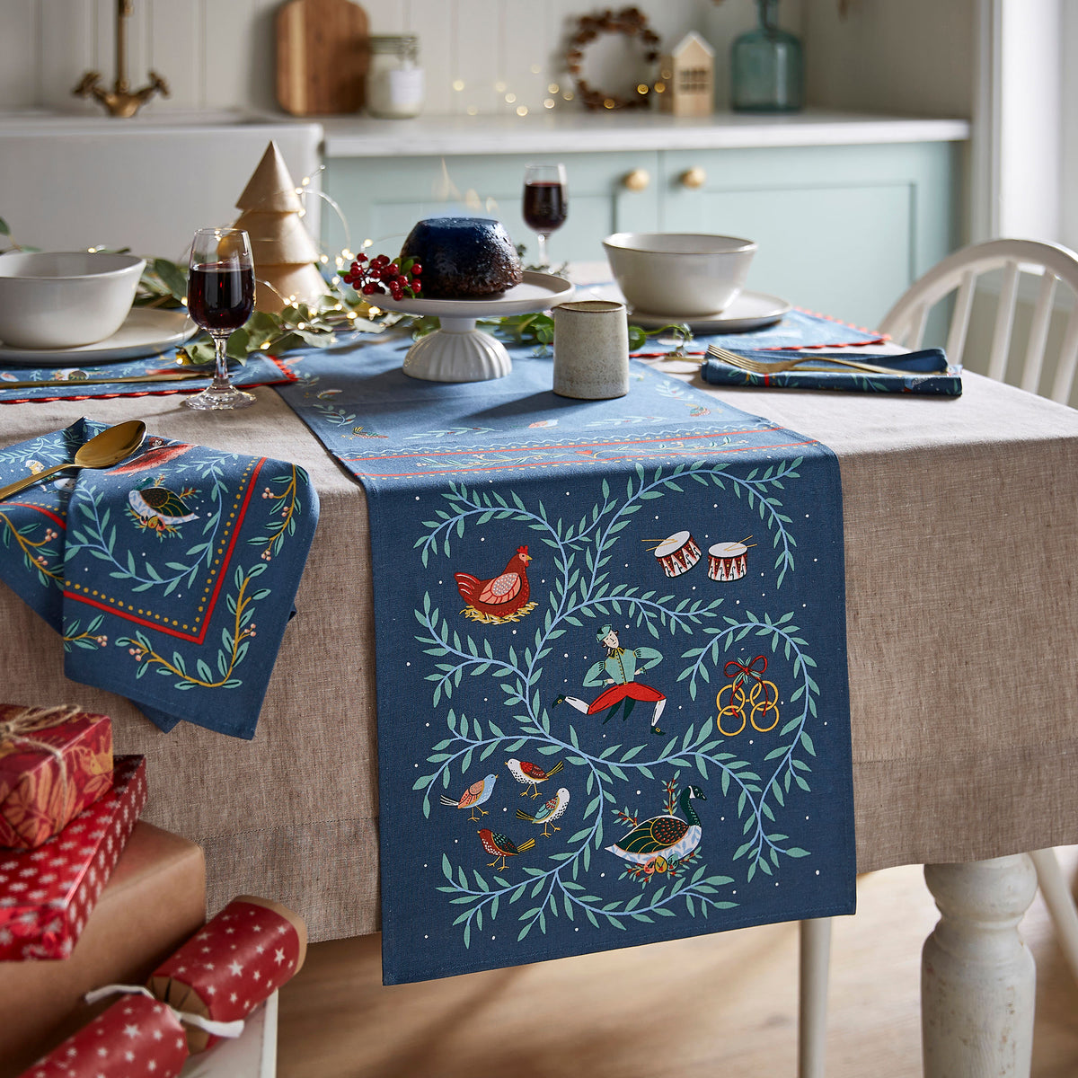 12 Days of Christmas Table Runner in Blue – Ulster Weavers