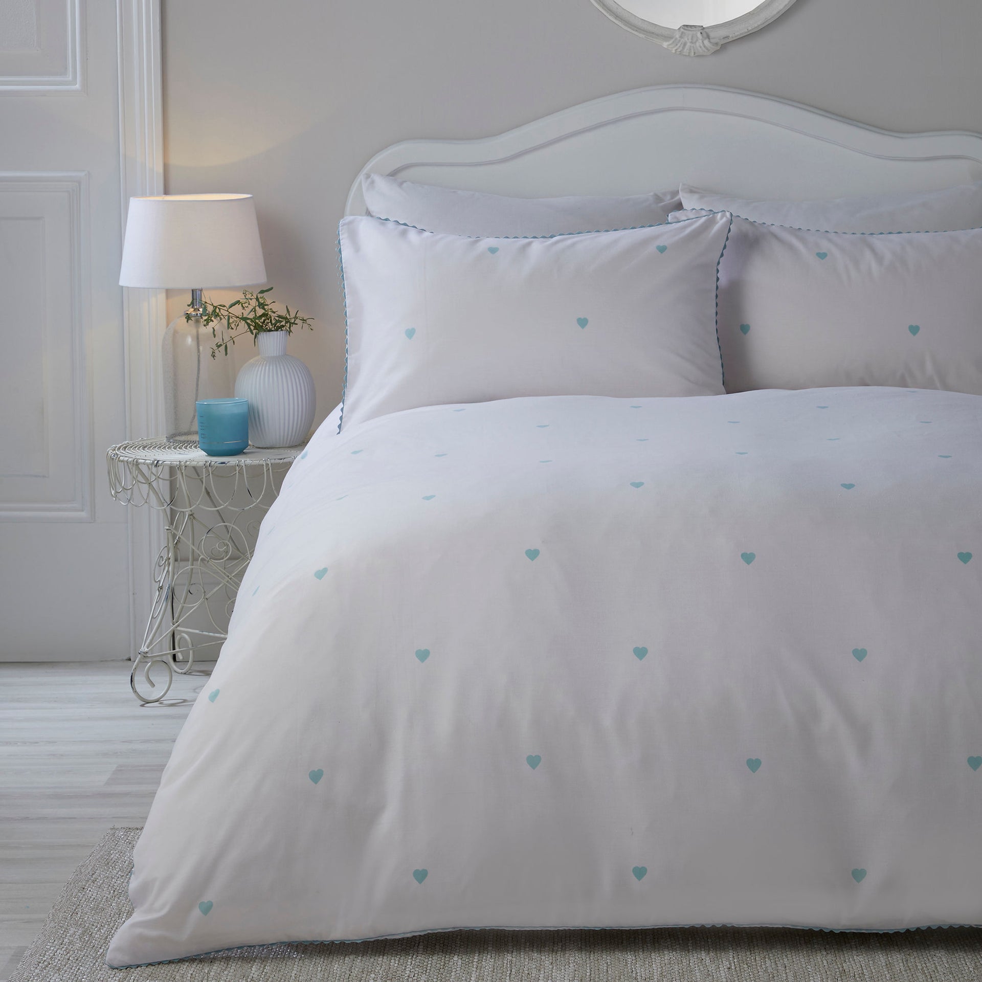 Decorative Heart Duvet Cover Set by Serene in Duck Egg – Ulster Weavers
