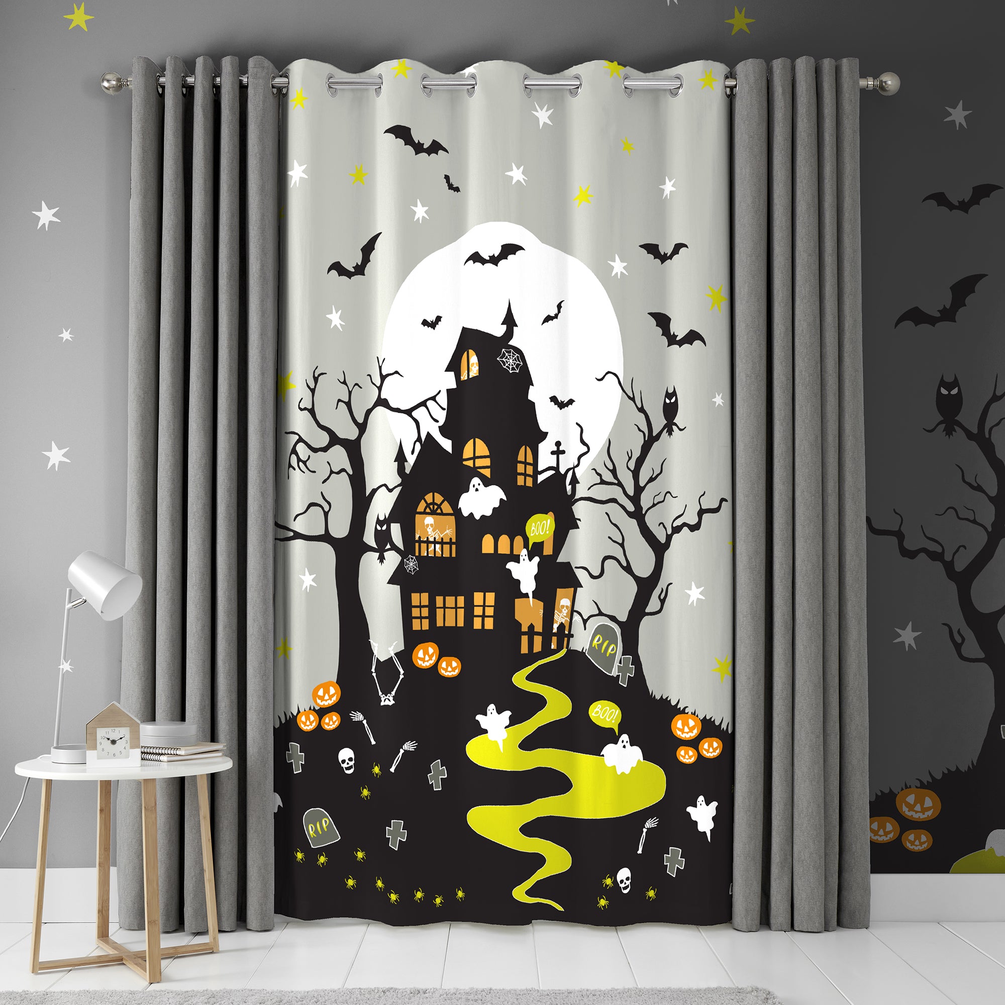 Haunted House Halloween Eyelet Single Panel Door Curtain in Grey 54" W ...
